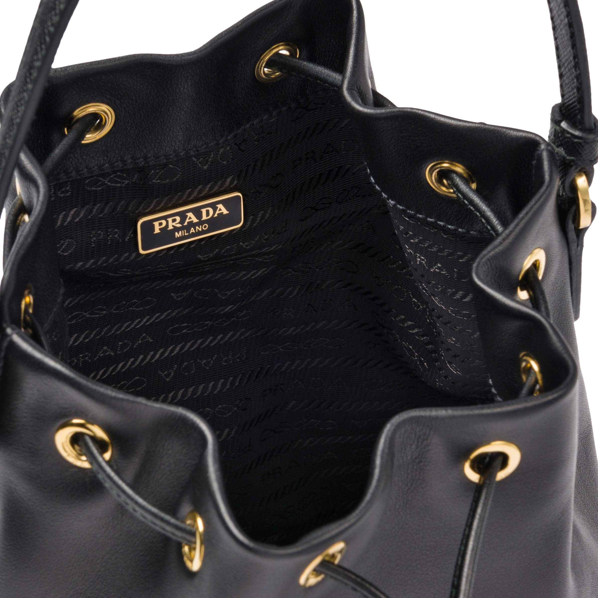Prada Women's Sechiello Nero Black Glace Calf Leather Bucket Bag 1BH038 (Black)