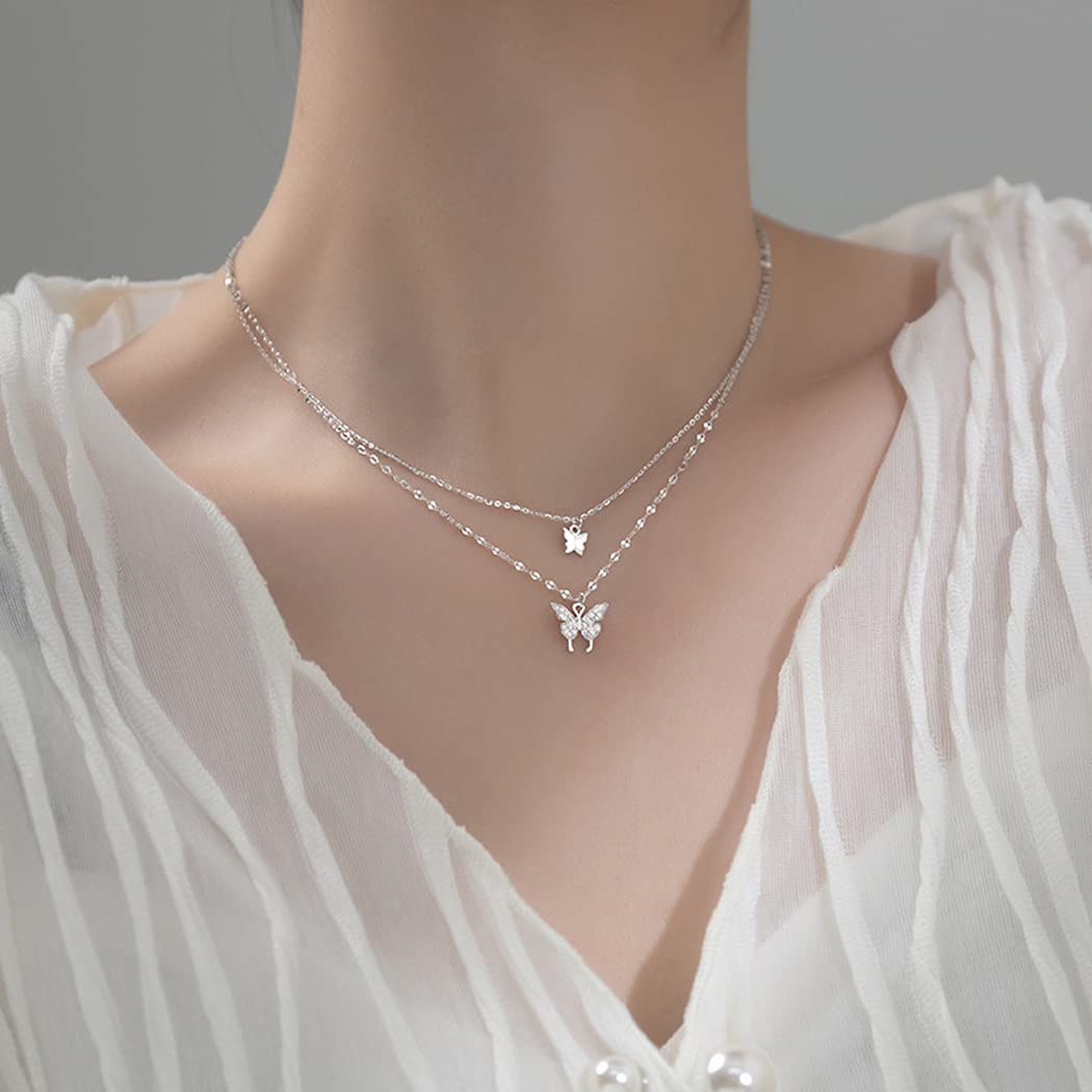 SLUYNZ 925 Sterling Silver CZ Butterfly Choker Necklace for Women Butterfly Layered Necklace Chain (A-Silver)