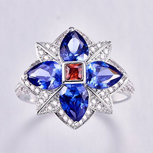 Psiroy 925 Sterling Silver Plated Created Blue Topaz Filled Pear Cut Flower Knuckle Statement Ring for Women Size 7
