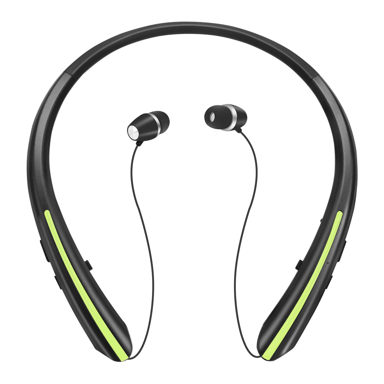 Retractable Bluetooth Headphones, Wireless Earbuds Stereo Headsets Neckband Earphone Noise Canceling with Mic (20 Hours Playtime, Black Green)
