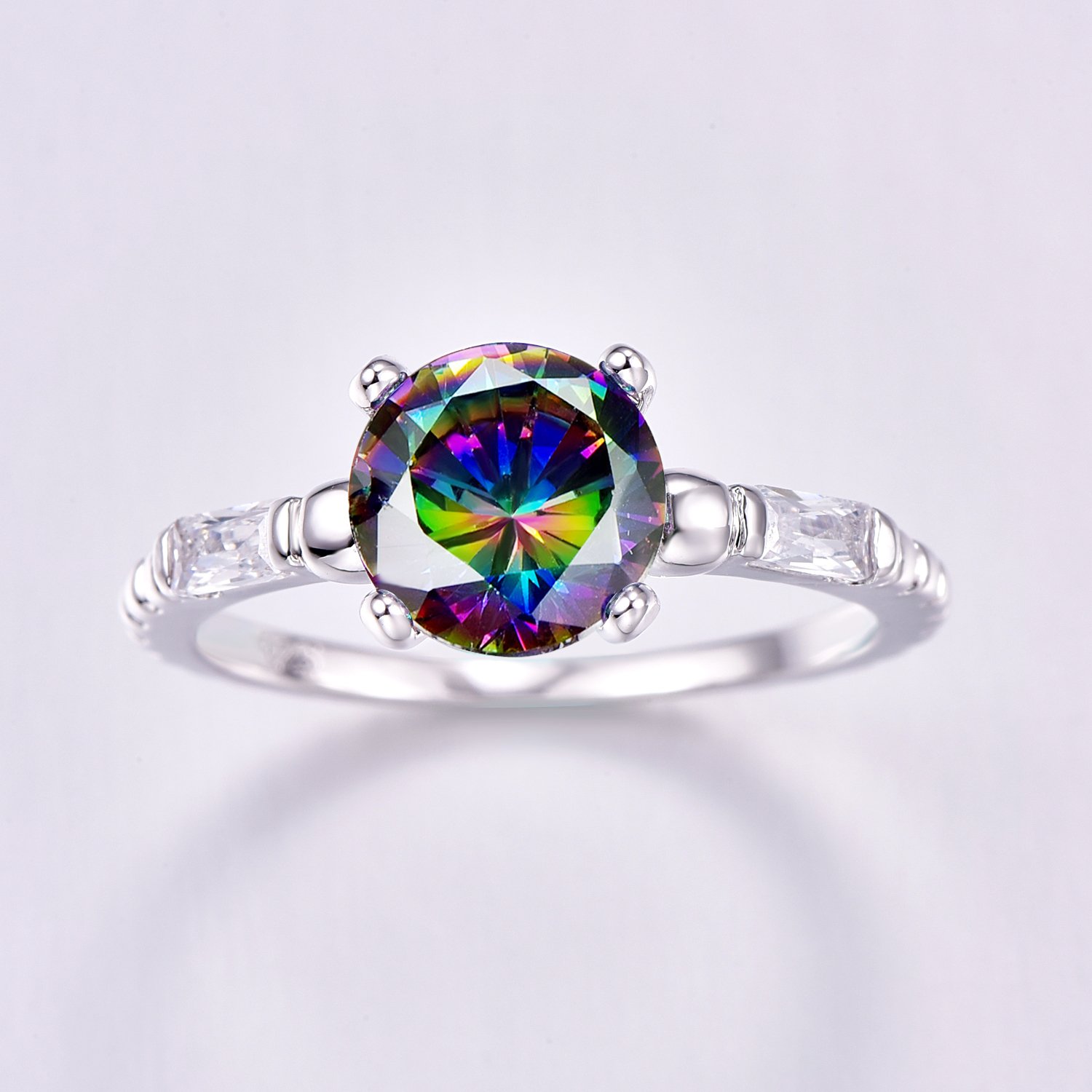 Psiroy 925 Sterling Silver Plated Created Rainbow Topaz Filled Round Cut Thin Solitaire Engagement Ring for Women Size 6