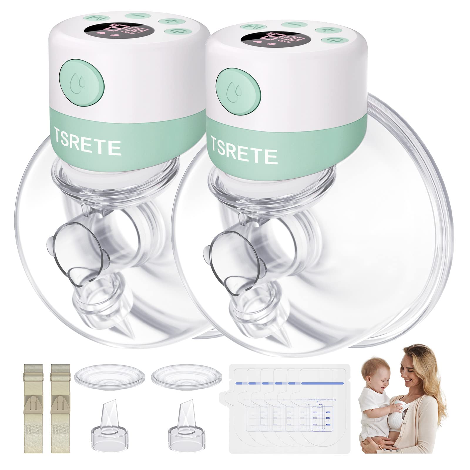 TSRETE Breast Pump, Wearable Breast Pump, Electric Hands-Free Breast Pumps with 2 Modes, 9 Levels, LCD Display, Memory Function Rechargeable with Massage and Pumping Mode, 27mm Flange, Pink