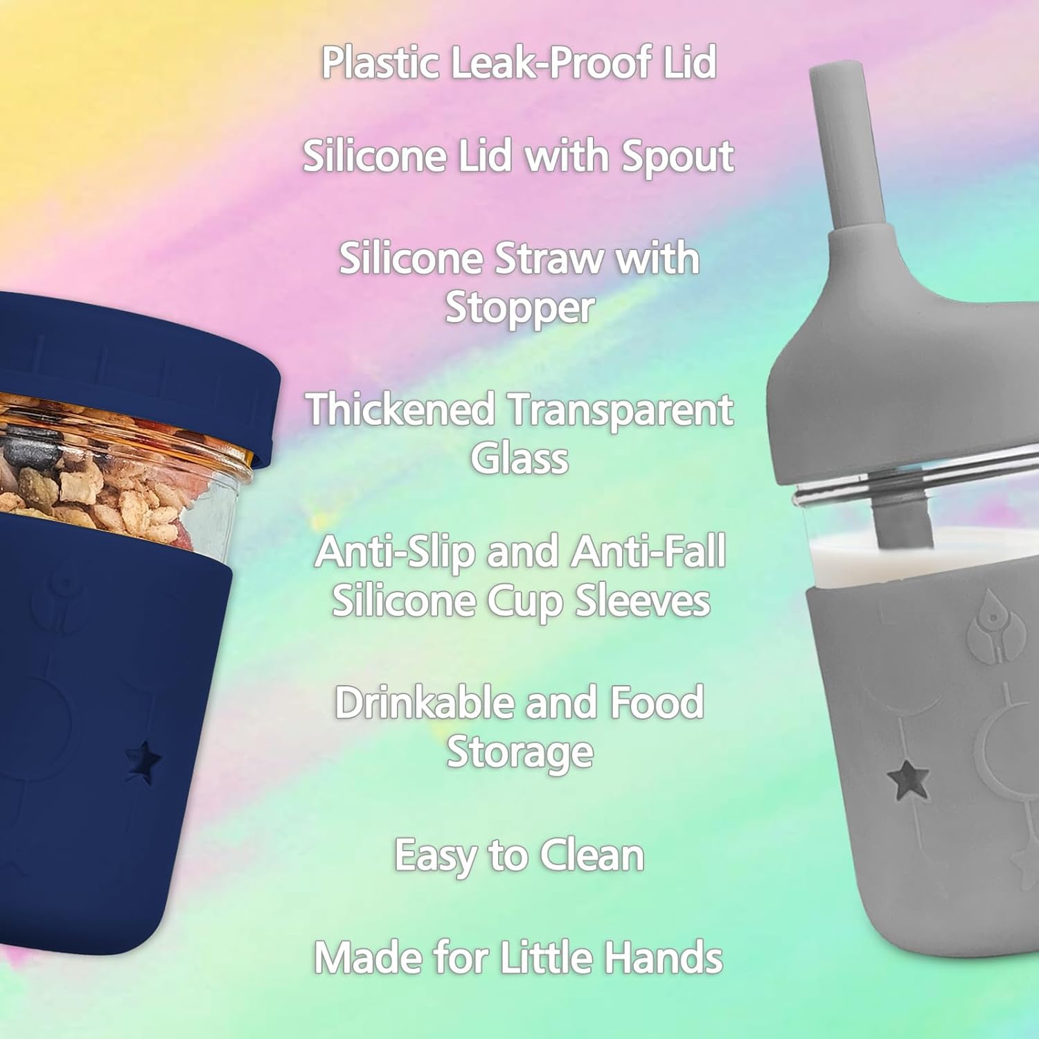 XccMe Glass Drinking Cups, 8 oz, Leak Proof Sippy Cups for Toddlers, Set of 4 with Silicone Sleeves, Lids and Straws