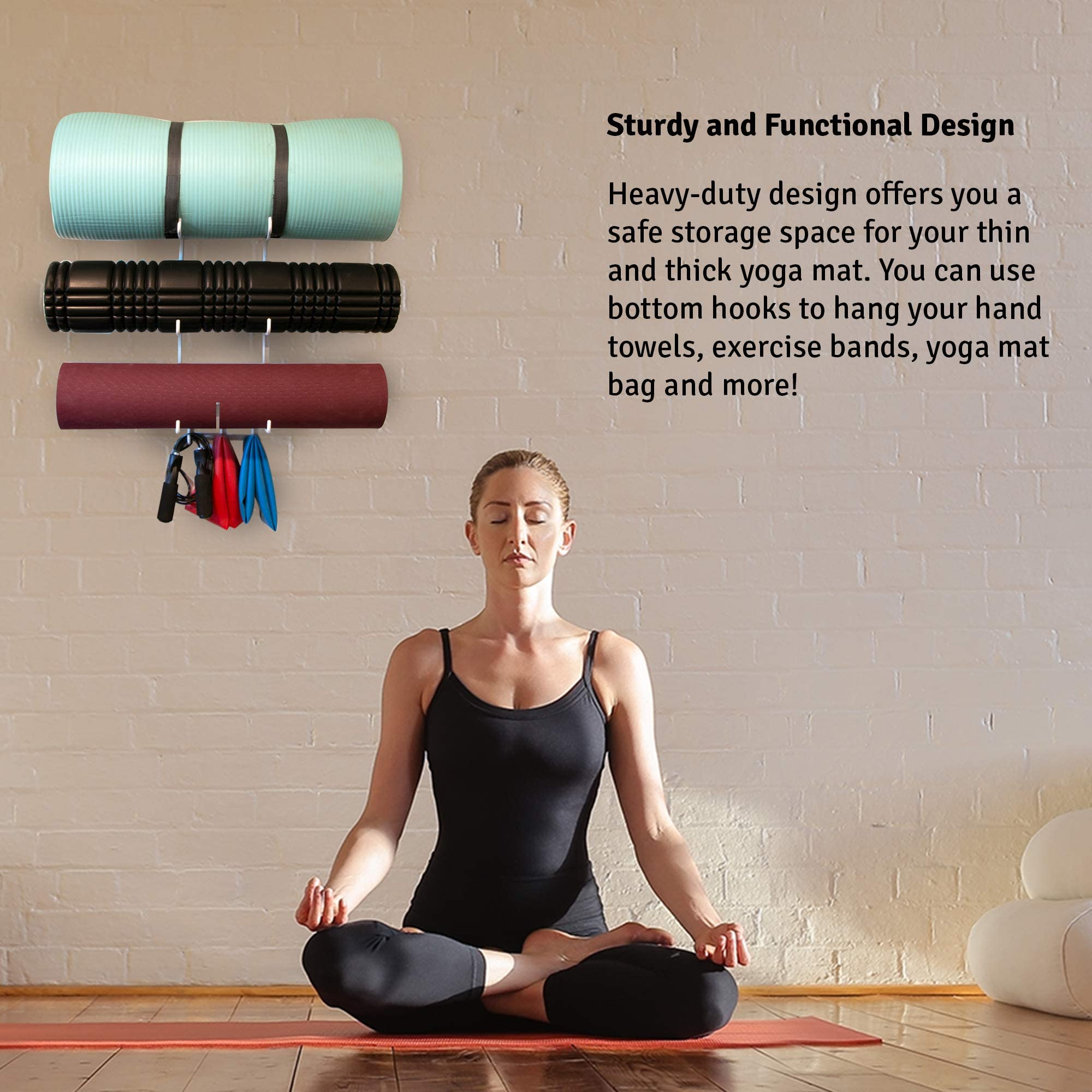 Wall Mount Yoga Mat Storage with 3 Hooks | Exercise Equipment Rack for Yoga Band Foam Roller Workout Accessories - Home Gym Organizer Metal Hanging Decor | Tranquil Fox