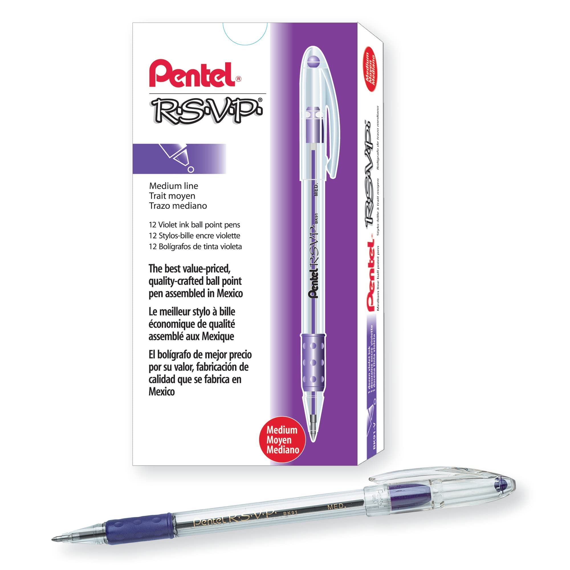 PentelĀ® R.S.V.P.Ā® Ballpoint Pens, Medium Point, 1.0 mm, Clear Barrel, Violet Ink, Pack Of 12