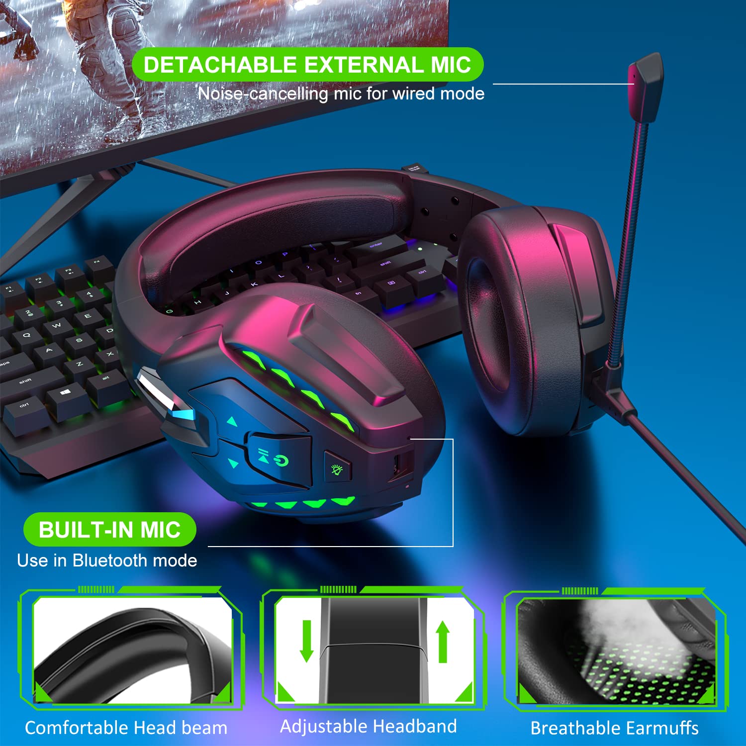 PHOINIKAS PS5 Gaming Headset for PS4, PC, Switch, Q10 Xbox One Headset with Stereo Sound, Detachable Mic, Wireless Bluetooth 5.3 Headphone only for Laptop/Phone/Tablet, 20H Battery (Green)