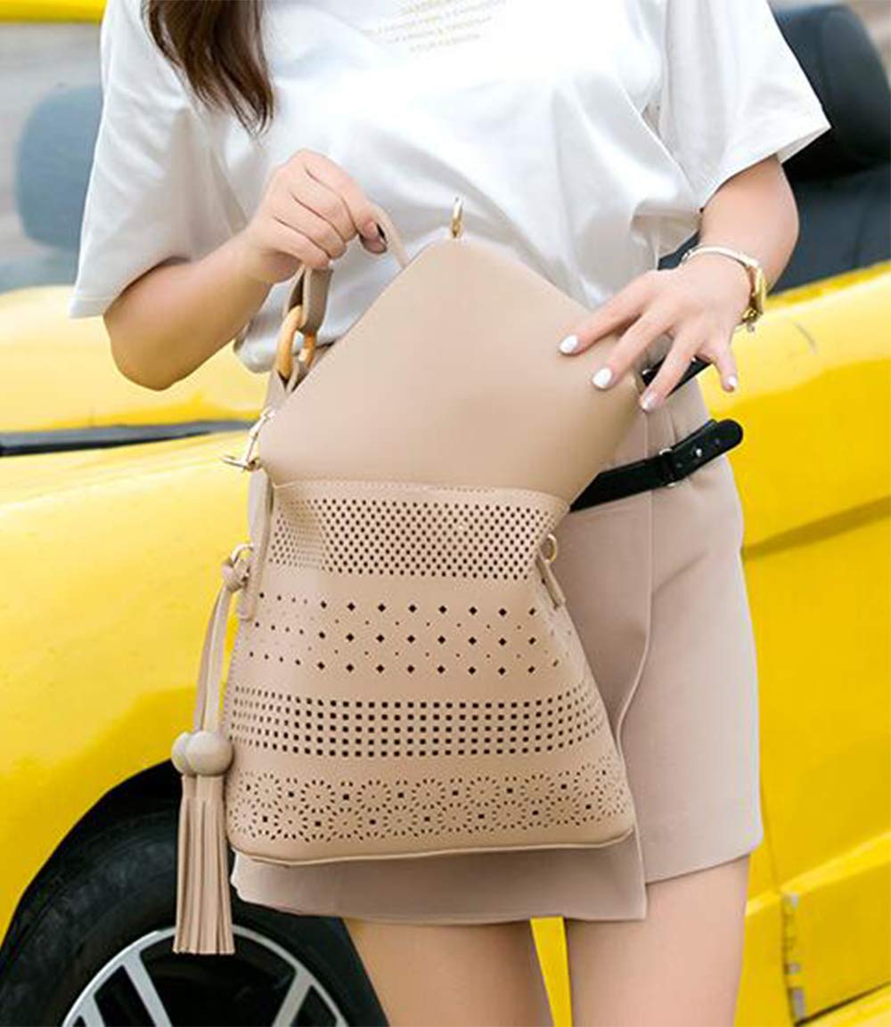 SMALLBLUER Women PU Leather Tassel Cutout Tote Hobo Clutches Shoulder Crossbody Bags Backpack Satchels-Gray