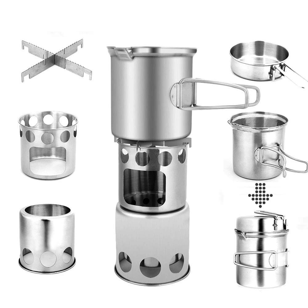YFDM Camping Pot Set Foldable Handle Camping Pans Wood Stove Stainless Steel Cook Kit Cookware Hiking Outdoor Picnic