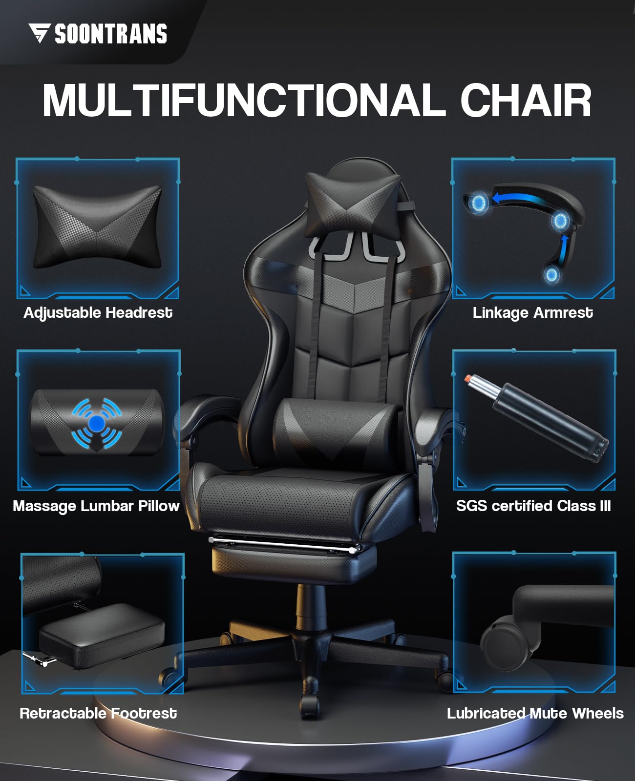 Soontrans Black Gaming Chairs with Footrest, Ergonomic Gamer Chair, Home Office Chair,PC Computer Chair with Headrest and Lumbar Support(Dark Black)
