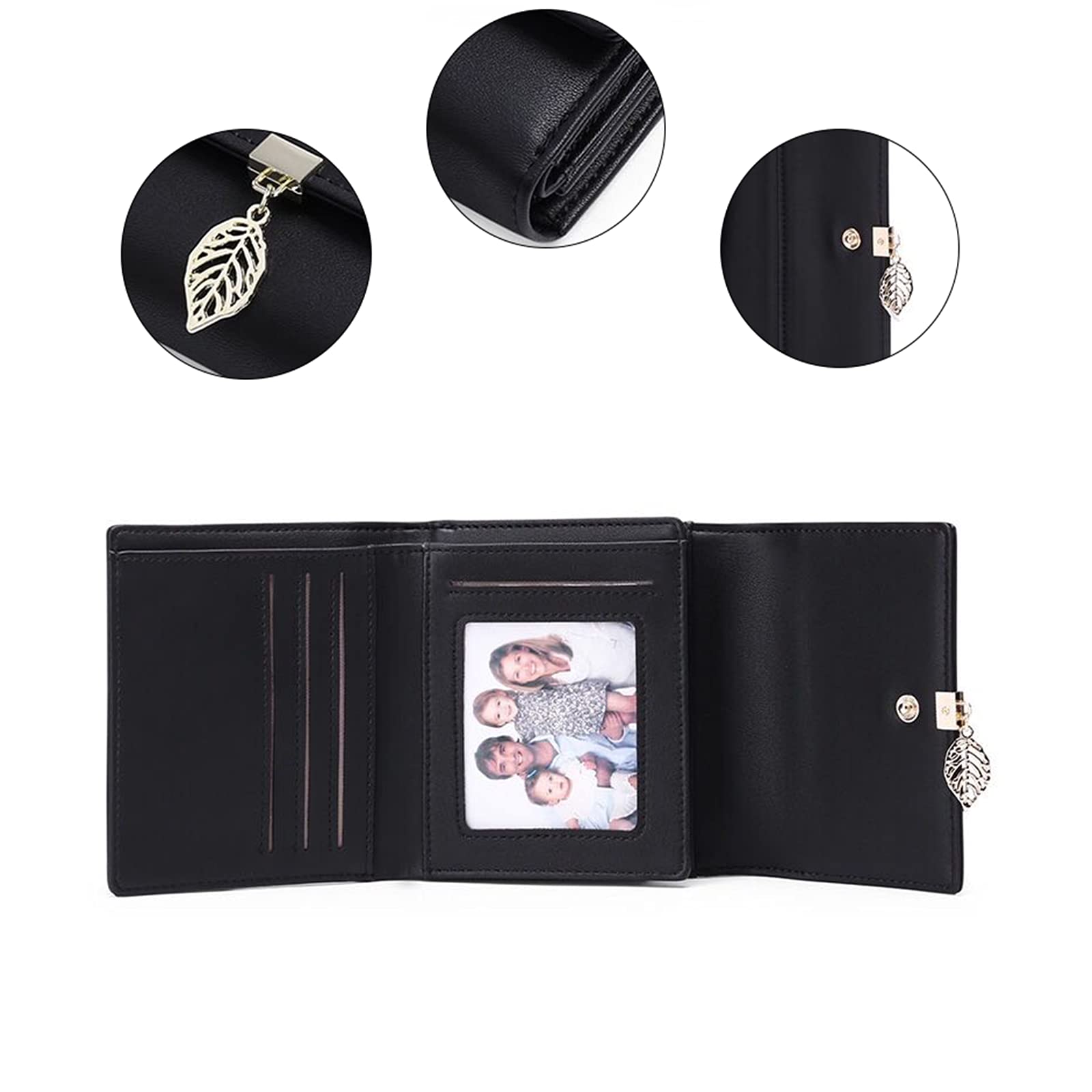 Wallet for Women RFID Blocking Credit Card Holder Phone Checkbook Storage Bag Zipper Coin Purse Leaf Pendant (Black, Small), Sd168
