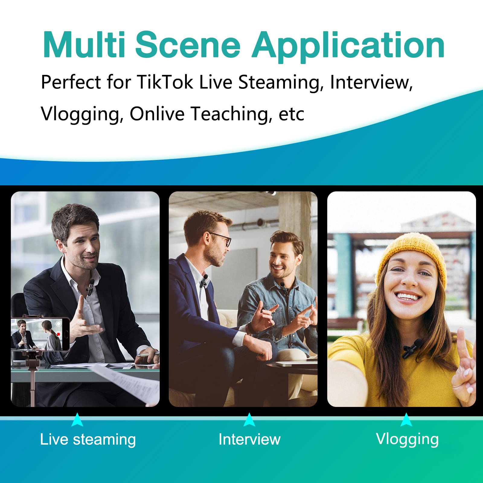 WIMOSO Mic, Wireless Lavalier Microphone for iPhone iPad Android, (2 Mics with 2 Receivers), Plug-Play Wireless Clip Mic for Facebook, YouTube, Vlog, TikTok ect Video Recording, and Noise Reduction