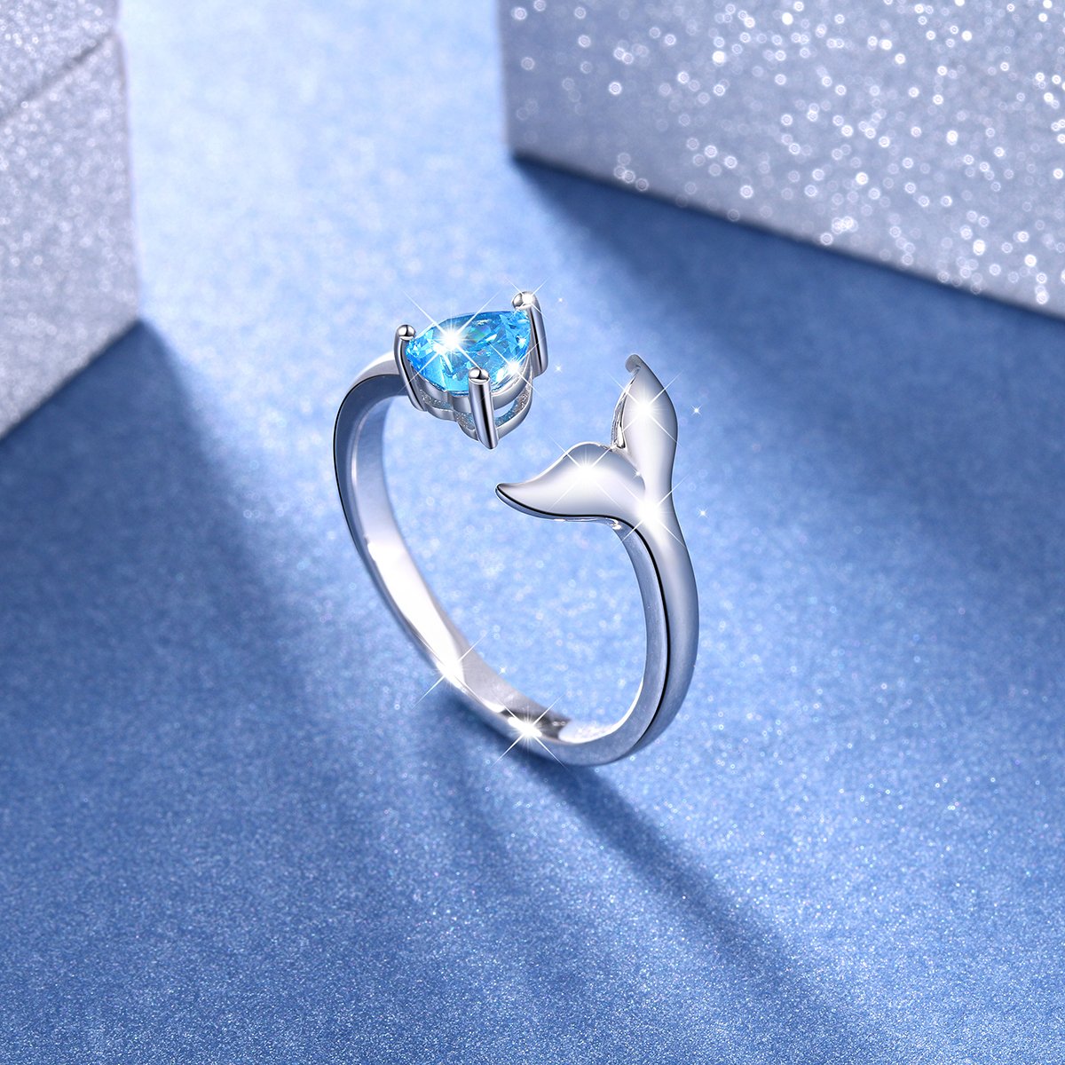 S925 Sterling Sliver Dolphin Mermaid Tail Ring Love Heart Blue Cubic Zirconia Open Ring，7#