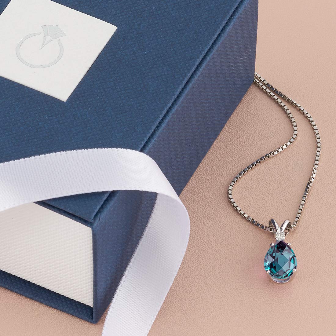 PEORA 14K White Gold Created Alexandrite with Genuine Diamond Pendant for Women, Color-Changing Teardrop Solitaire, 2.55 Carats Pear Shape 10x7mm