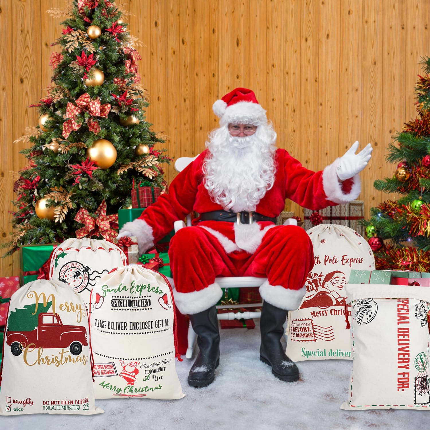 PIXHOTUL 6 Pack Santa Sacks Large Christmas Cotton Bags Drawstring Christmas Sacks for Kids 27.5" x 19.5"