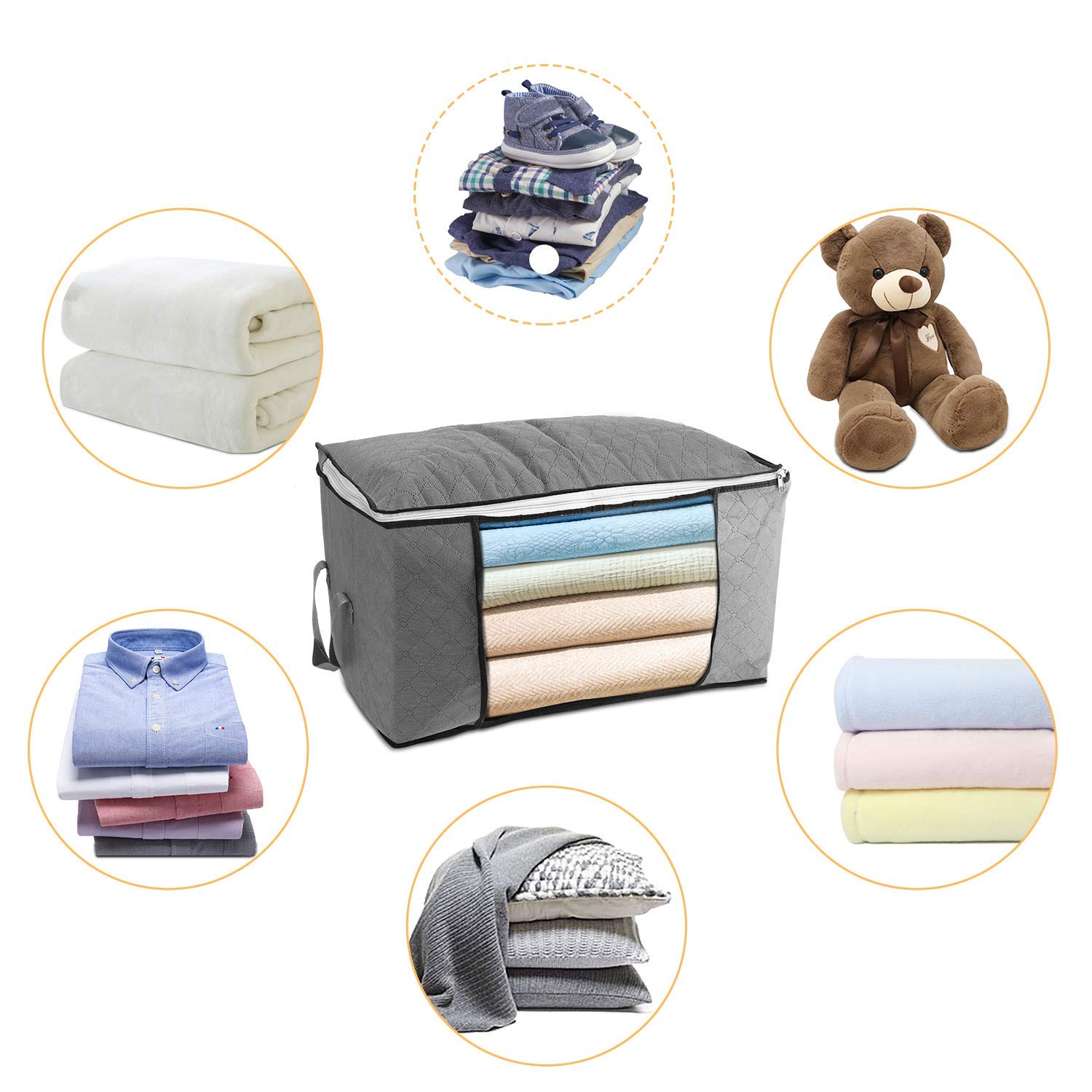 SAVICOS Large Foldable Clothes Storage Bag Organizer with Carry Handles,Sturdy Zipper, Clear Window for Clothes, Blankets, Closets, Bedrooms (3-Pack, Gray)