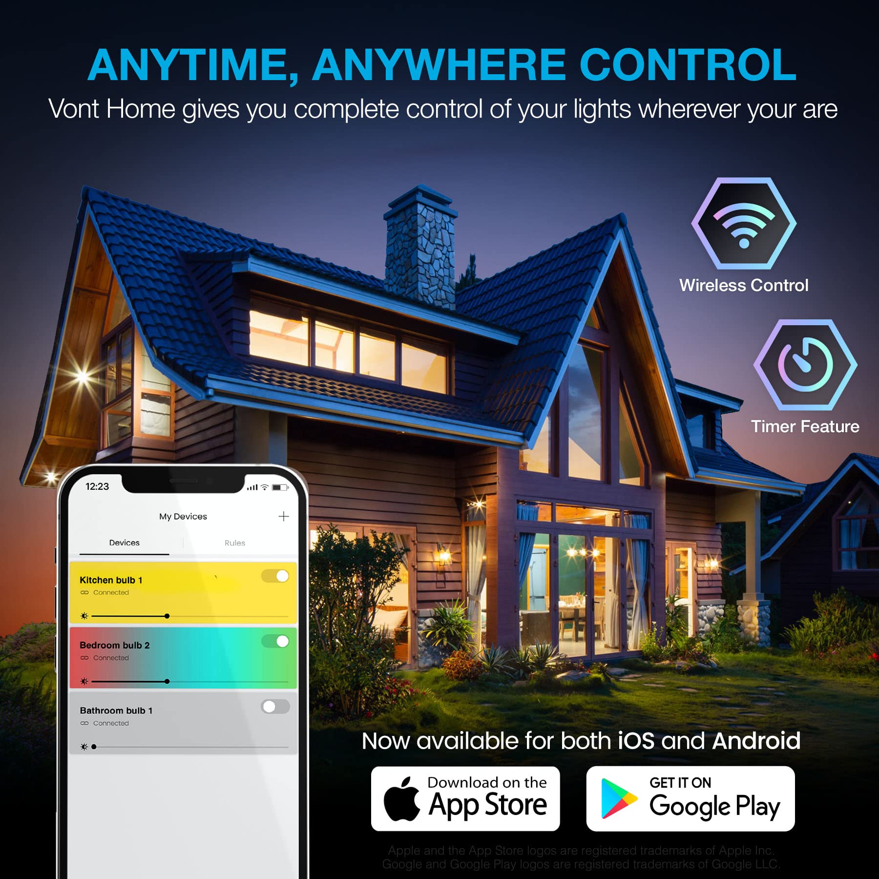 Vont Smart Light Bulbs [4 Pack], WiFi 2.4GHz & Bluetooth 5.0, Compatible w/Alexa & Google w/o Hub, Dimmable, Music Sync, Schedules, Color Changing Light, RGBW Smart LED Bulb, A19/E26, 9W, 810LM