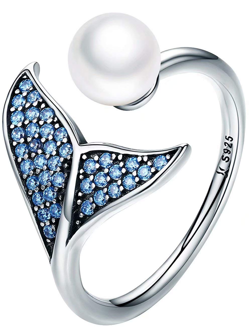 Presentski 925 Sterling Silver Cubic Zirconia Engagement Adjustable Rings,mermaid pearl rings for women