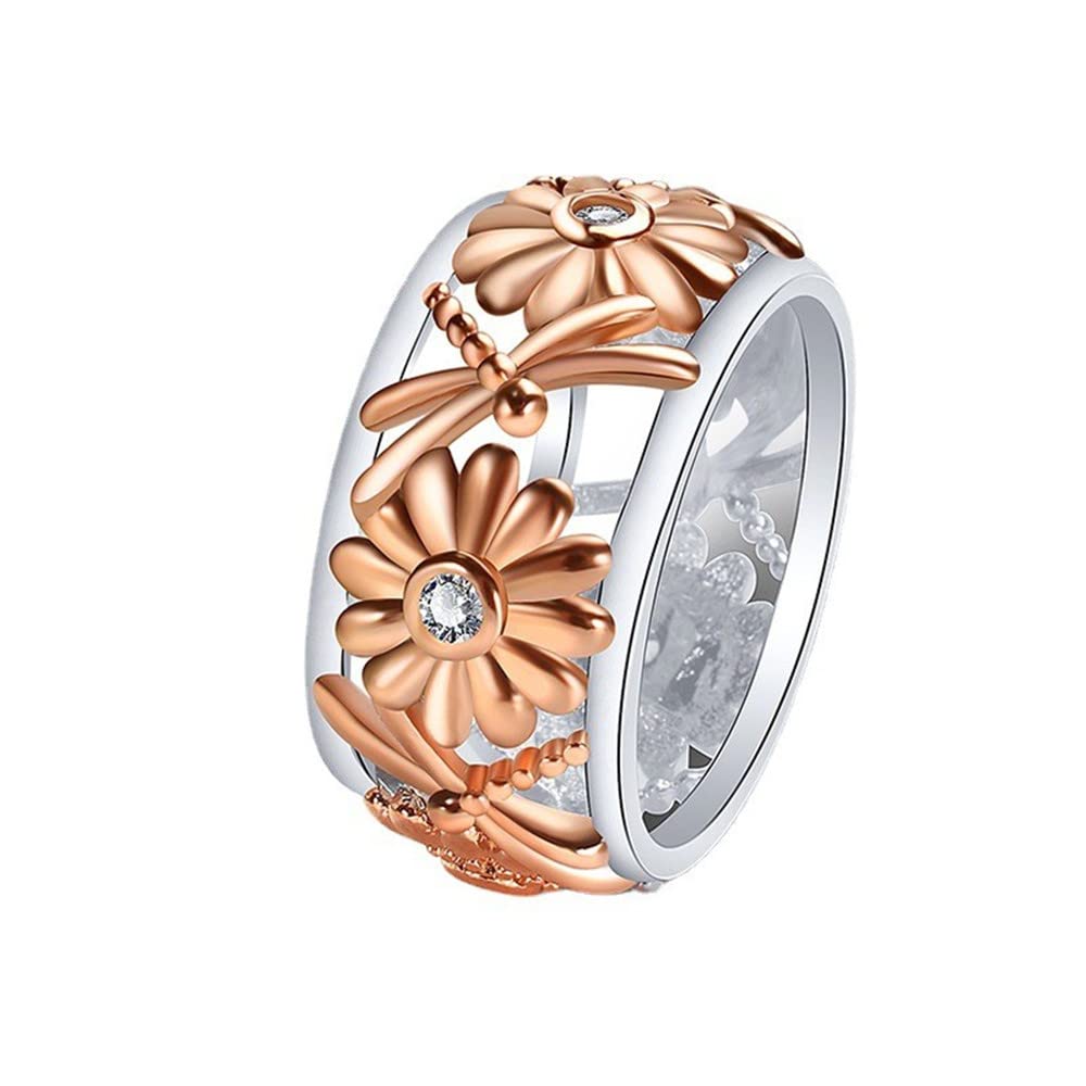 WANMEIL Vintage Silver Rings Women's Elegant Sunflower Dragonfly Hollow Finger Ring Band Jewelry Cubic Zirconia Ring with Side Stone Copper Leaf Eternity Band 【US Code 6-10】 (7)