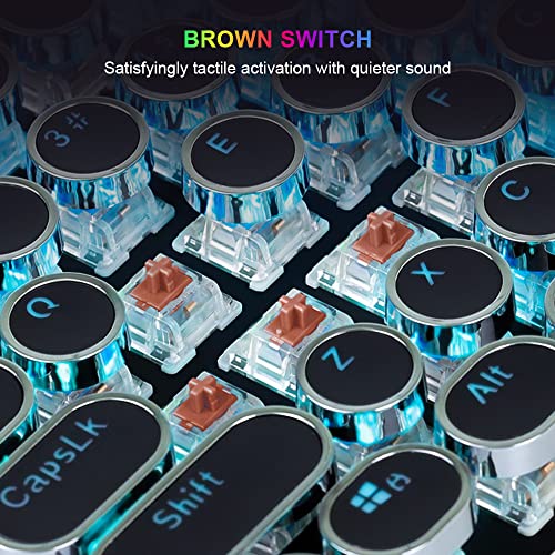 STOGA Mechanical Keyboard, 87 Keys Brown Switch RGB Keyboard with Media Control Knobs, Retro Round Keys Gaming Keyboard, Black