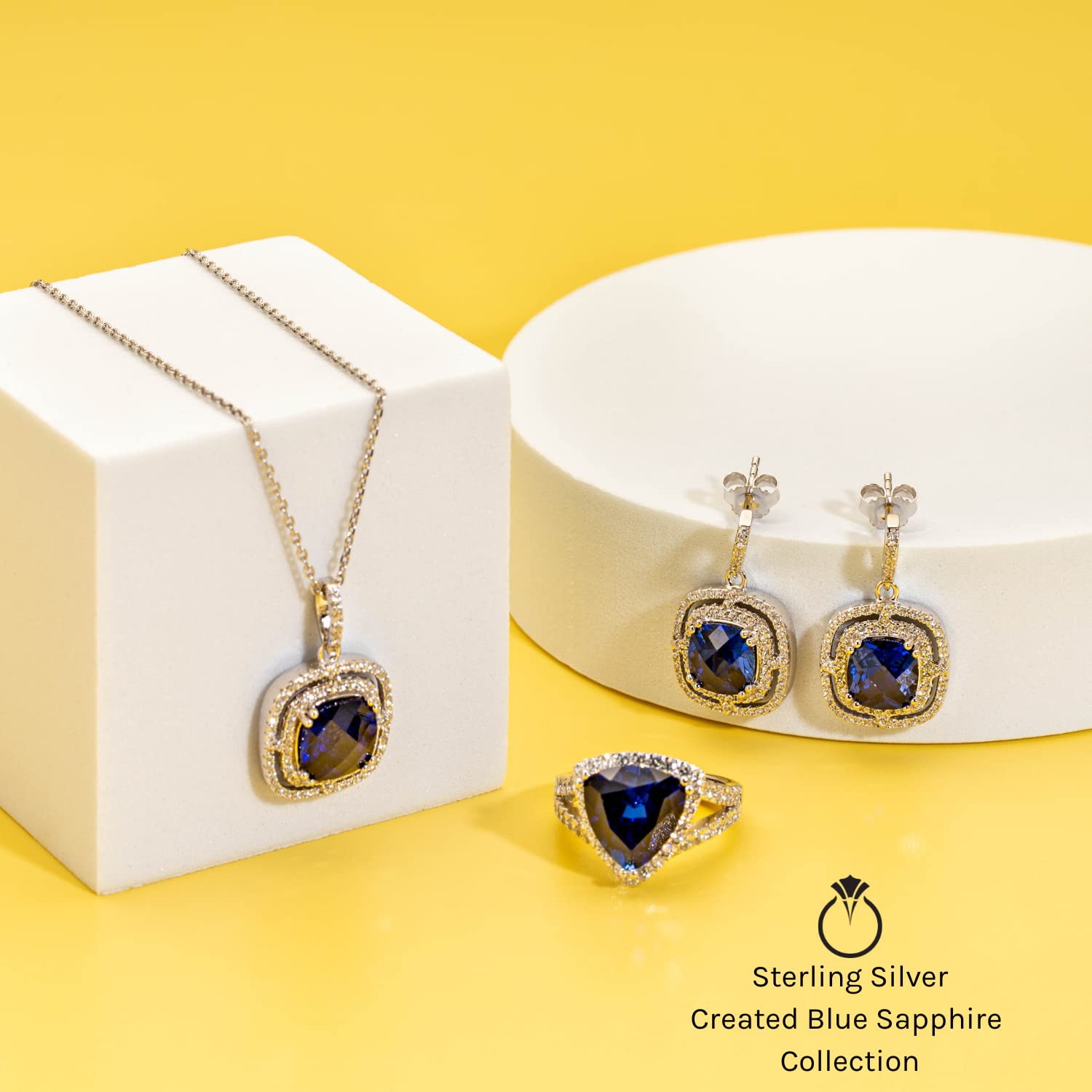 Peora Created Blue Sapphire Halo Dangle Earrings for Women 925 Sterling Silver, 3.50 Carats Total Oval Shape 8x6mm, Friction Backs
