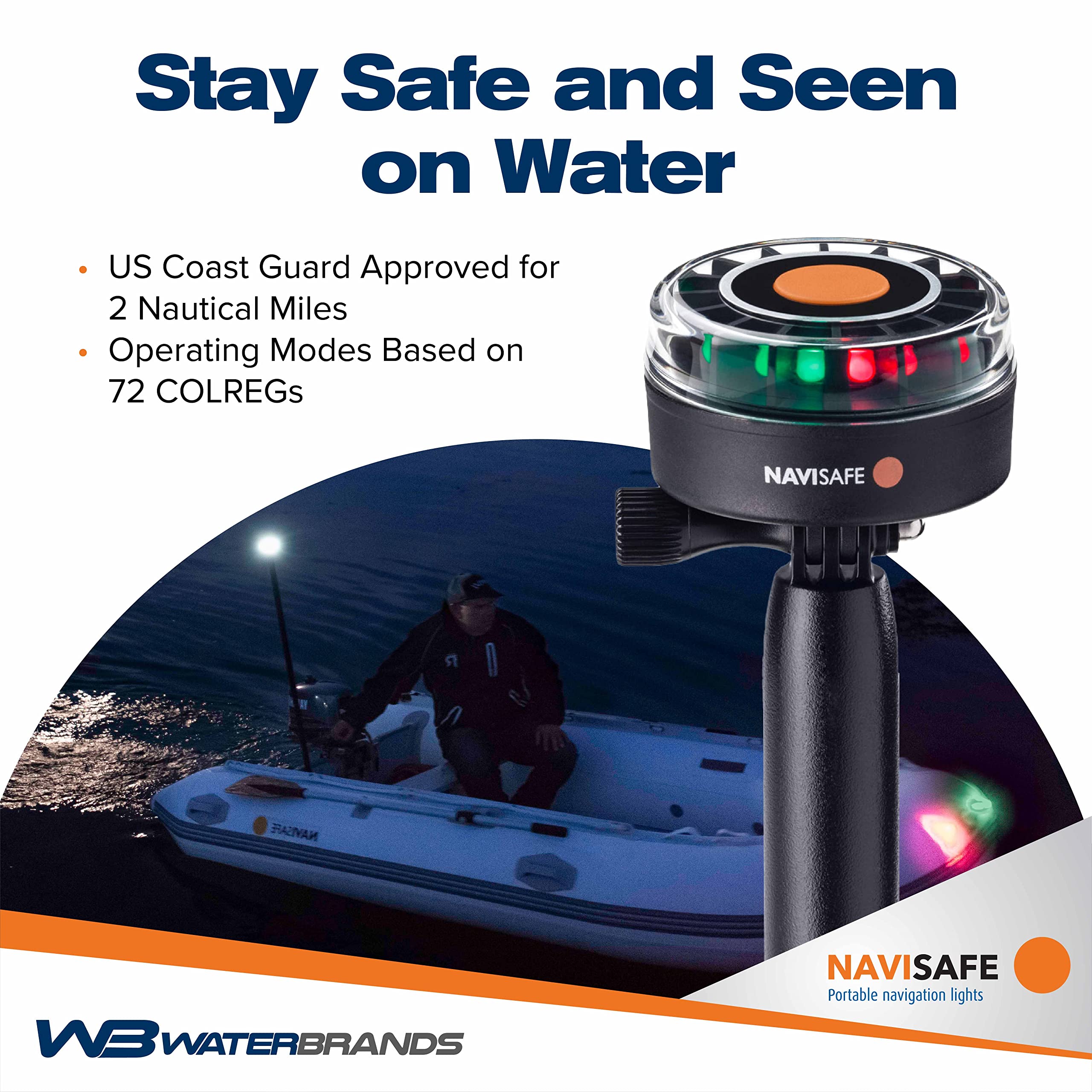 waterbrands NAVISAFE Navilight 360° | 2NM Portable Navigation Lights | Boat Lights | 5 LED Navigation Lights Modes | with Navimount Base (All-White)