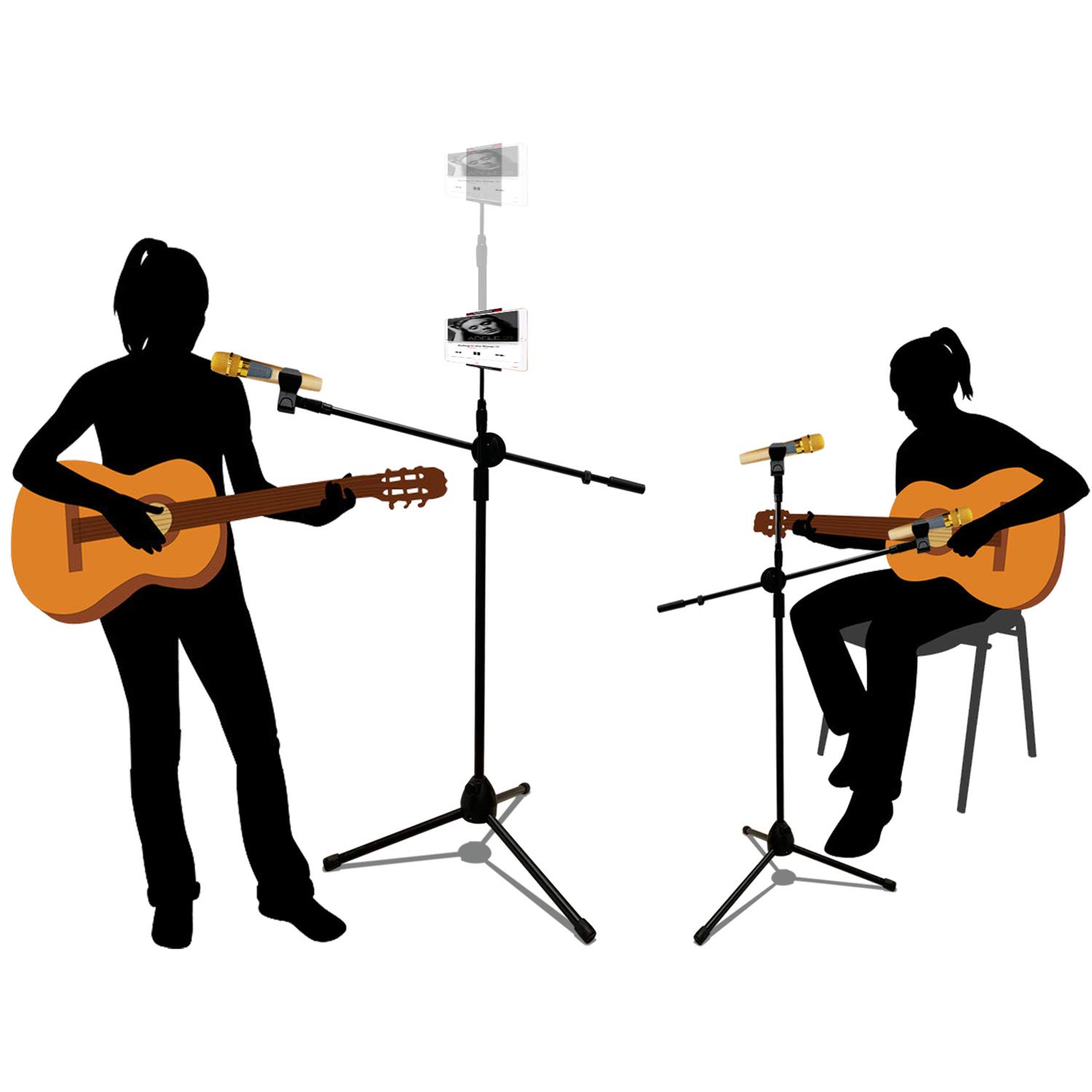 RHM Microphone Stand with Tablet Holder, Lightweight Adjustable Collapsible Tripod Boom Mic Stand with 2 Clips,Extendable Telescopic Boom Arm for Karaoke,Speech,Studio,Party,Wedding