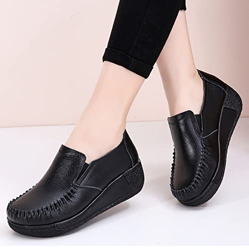 SoraBra Women's Slip on Platform Wedge Sneakers,Casual Cozy Cutout Leather Flat Loafers Wide Orthopaedic Walking Shoes (10,Black)