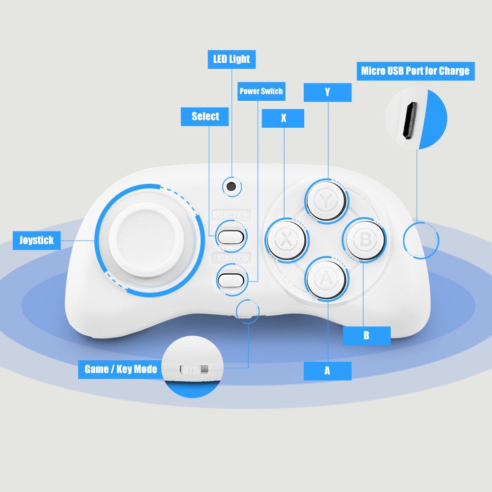 PL-608 Mini Bluetooth Gamepad, Portable Wireless Bluetooth Gaming Controller with Remote Shutter Multimedia Controller, for Mobile Phone, Tablet and PC(White)