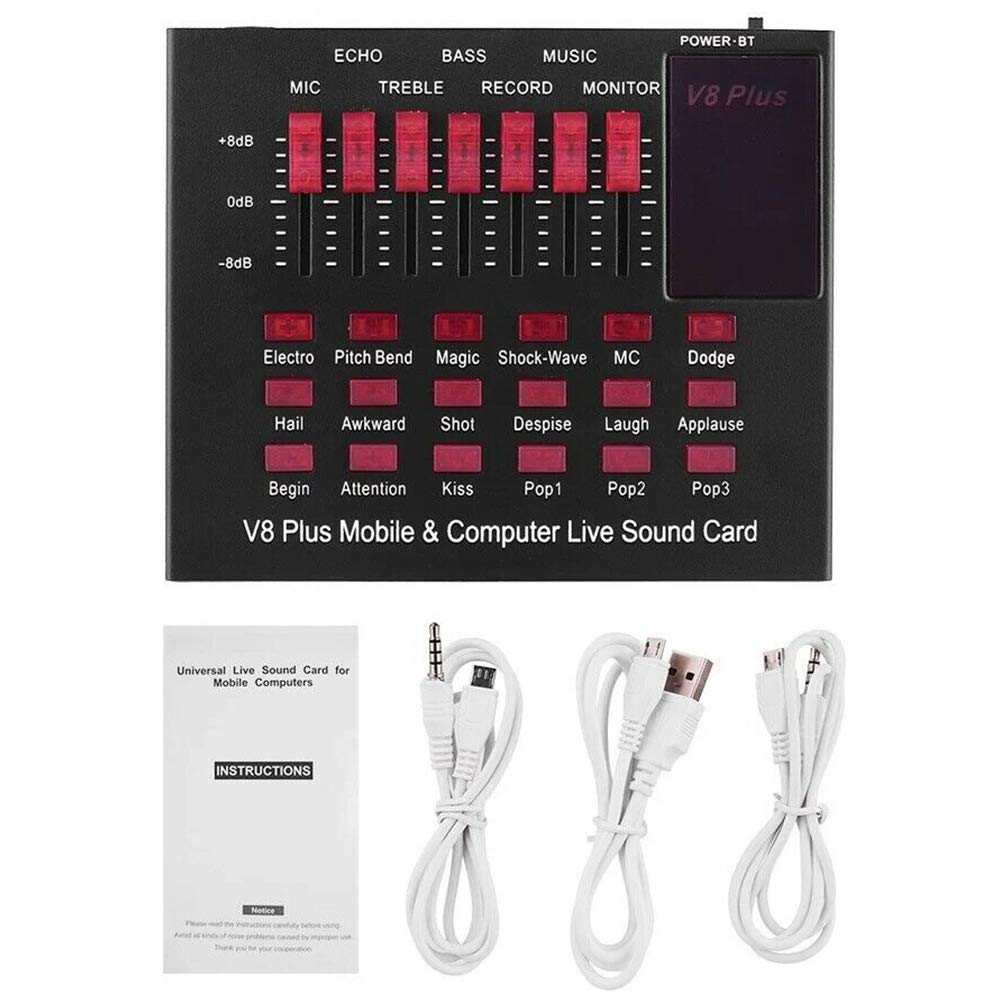 Sound Mixer Board Sound Card,USB Charging V8 Plug Broadcast Mixing Effect Live Sound Card for Mobile Phone Computer PC Online Singing Recording Live Broadcast