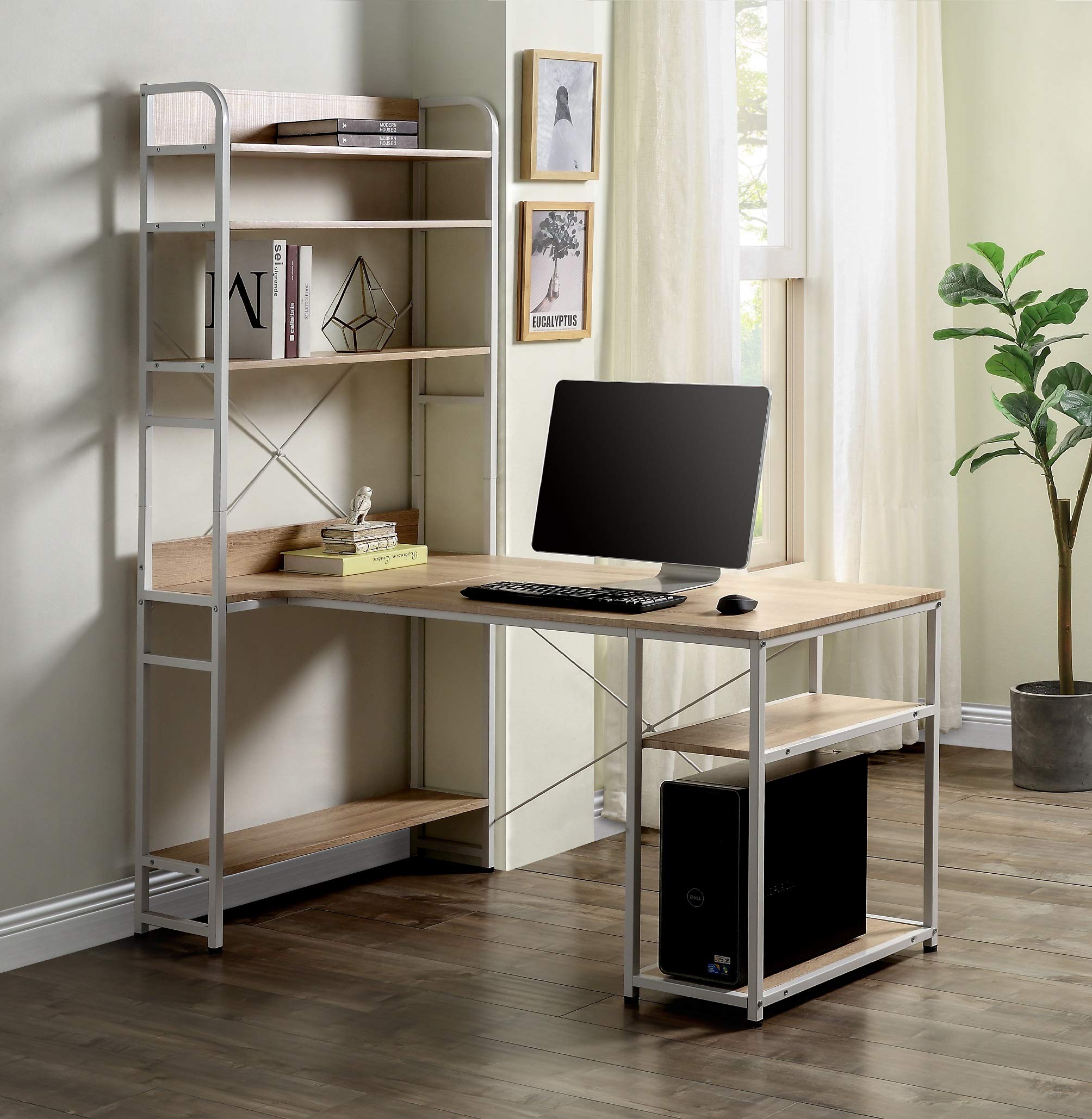 Rhomtree Computer Desk with 4 Tier Storage Shelves Large L-Shaped Home Office Desk PC Laptop Writing Table Workstation with Hutch Bookshelf (Oak)