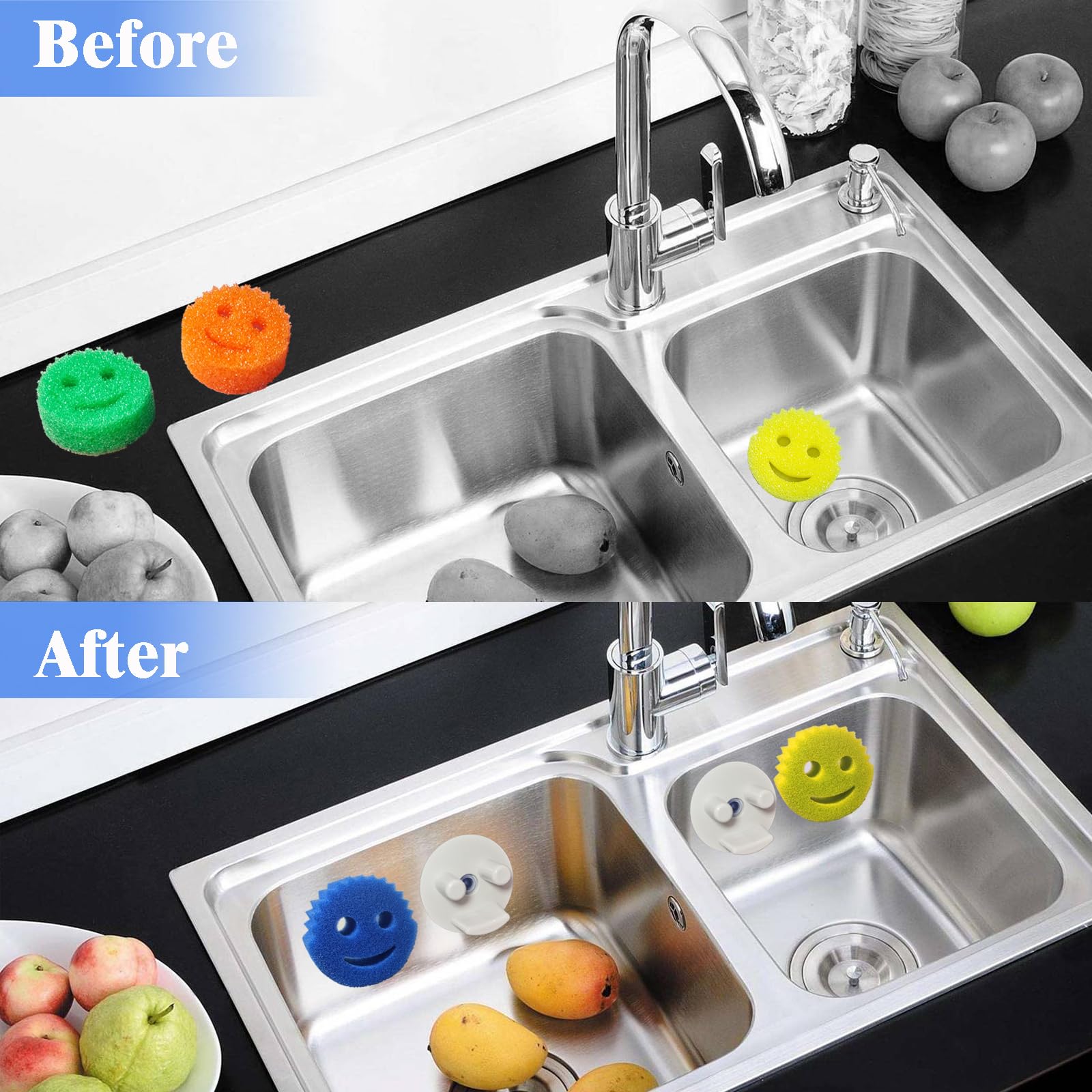 scarDS 4 Pack Smiley Sponge Holder, Sink Holder With Suction Cup Installation, Sponge Organizer for Kitchen/Bathroom Sink, Self Draining, Dishwasher Safe (Sponge Not Included)