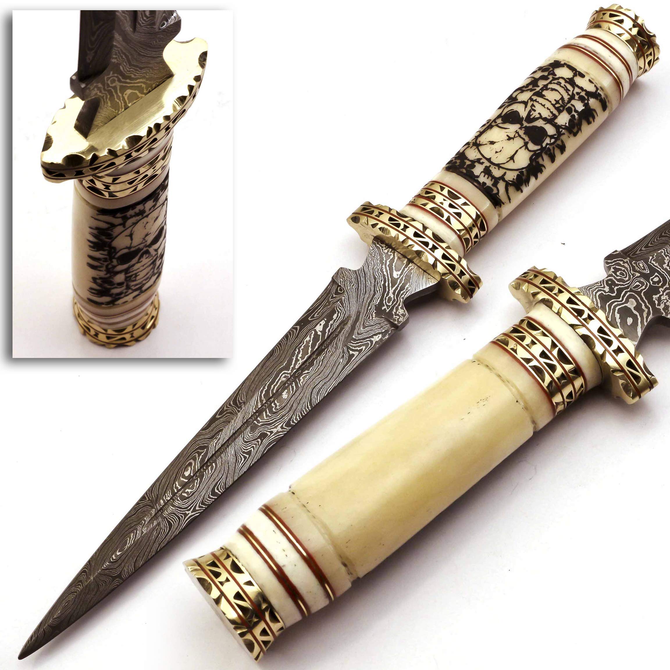 Skokie Knives Custom Hand Made Damascus Steel Hunting Dagger Knife Handle Camel Bone with Scrimshaw