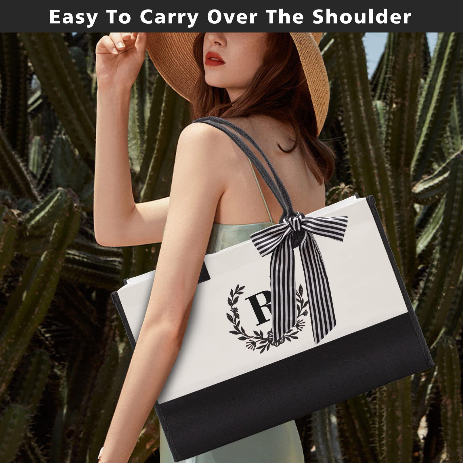 Personalized Initial Canvas Beach Bag,Monogrammed Gift Tote Bag for Women,Suitable for Wedding, Birthday, Beach, Holiday,Black and White Matching.Letter R