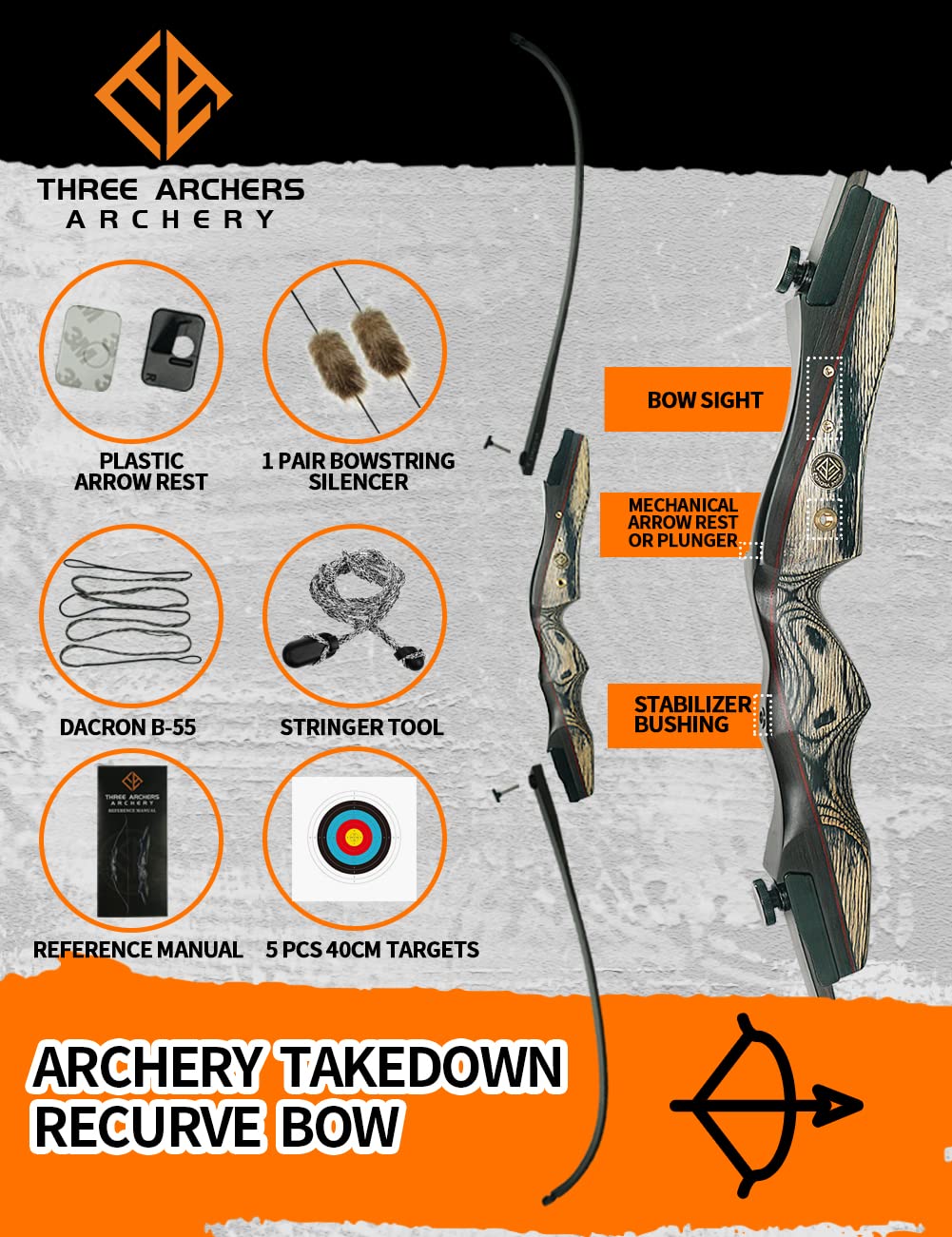 THREE ARCHERS Archery Recurve Bow Set Takedown Wooden Bow 62” Right Hand Hunting & Target Bow for Outdoor Archery Sport 30lbs-50lbs