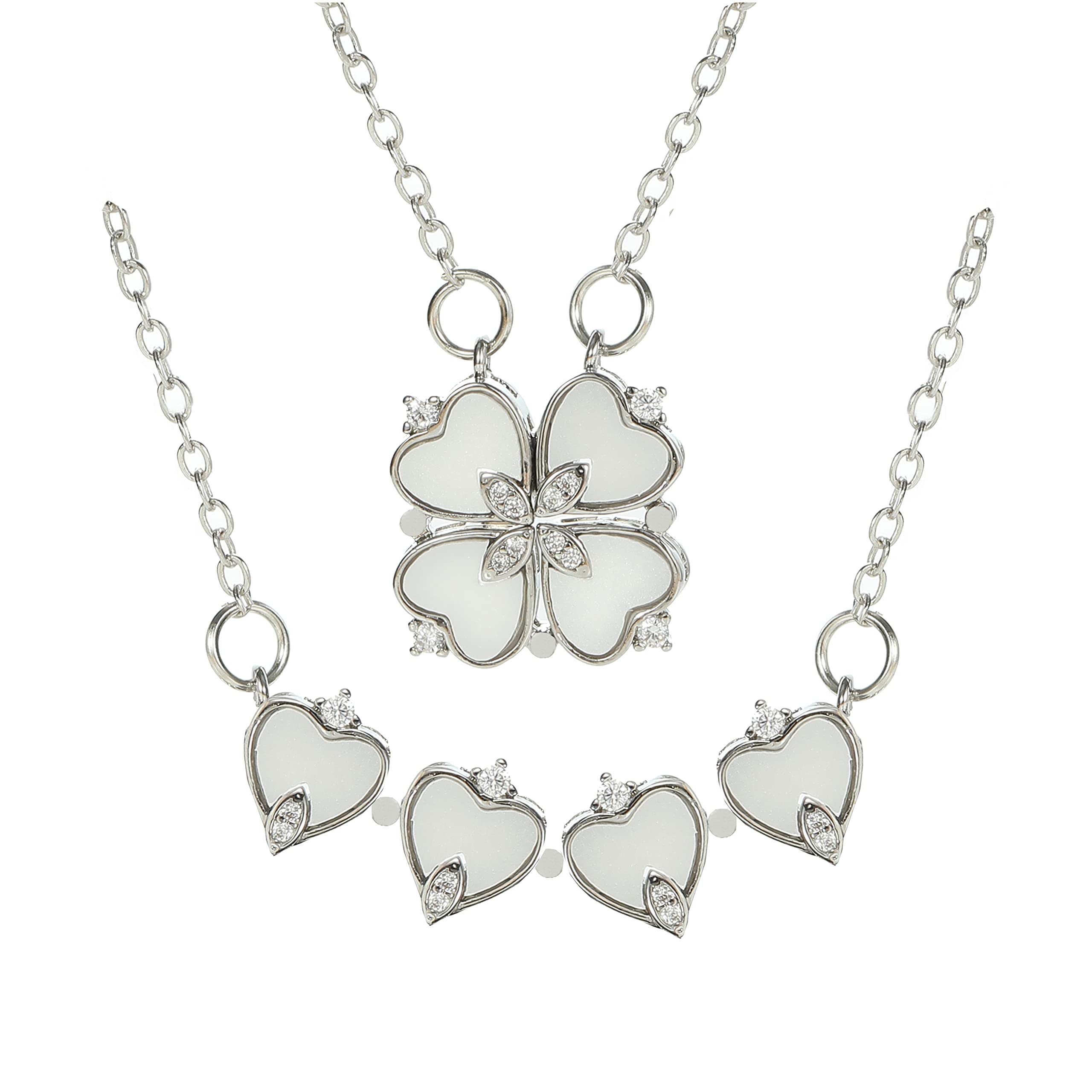 VANGETIMI 2 in 1 Four Leaf Clover Charm Lucky Necklace Heart Crystal Pendant Necklace Silver Link Mother's Day Gifts Jewelry for Women