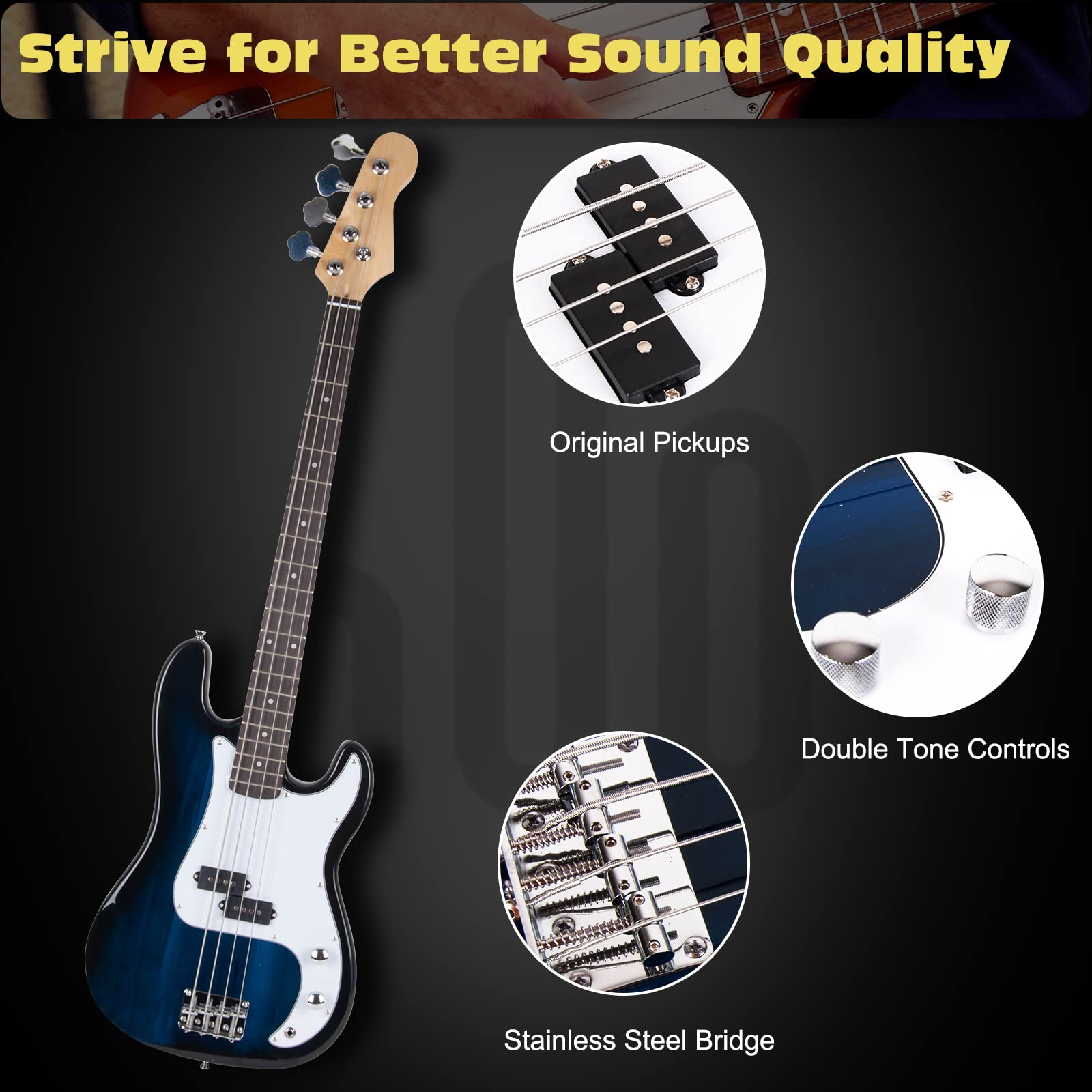 Polar Aurora NEW Full Size 4 Strings Blue Electric Bass Guitar+ Amp Cord+ Gigbag