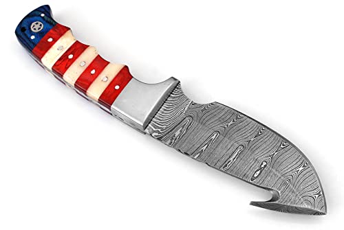 zZZ Damascus Gut Hook Skinning hunting Knife With Leather Sheath- Best Damascus Steel American Flag Hunting Knife