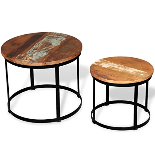 QJBSAVVA Two Piece Coffee Table Set Solid Reclaimed Wood Round 15.7"/19.7",Industrial Tables Floor Standing Table Cocktail Table Suitable for Meeting Rooms, Reception Rooms, Offices