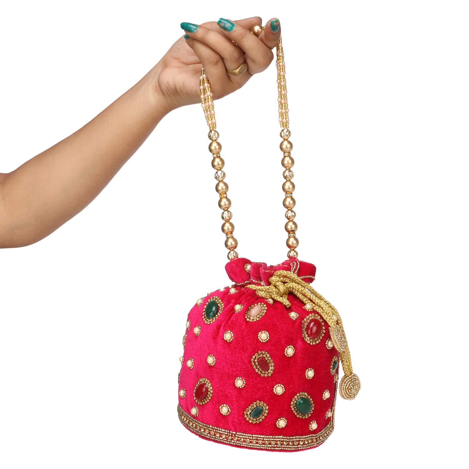 Suman Enterprises Fantastic Velvet Potli Batwa Pouch Bag with Stone & Beads Work For Women (Pink)