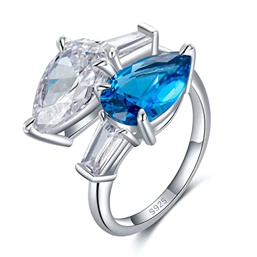通用 2pcs 4CT Pear Cut Blue & White Zircon Engagement Ring, Rhodium Plated 925 Sterling Silver Two Stone Wedding Anniversary Promise Ring for Her (Silver, 7)
