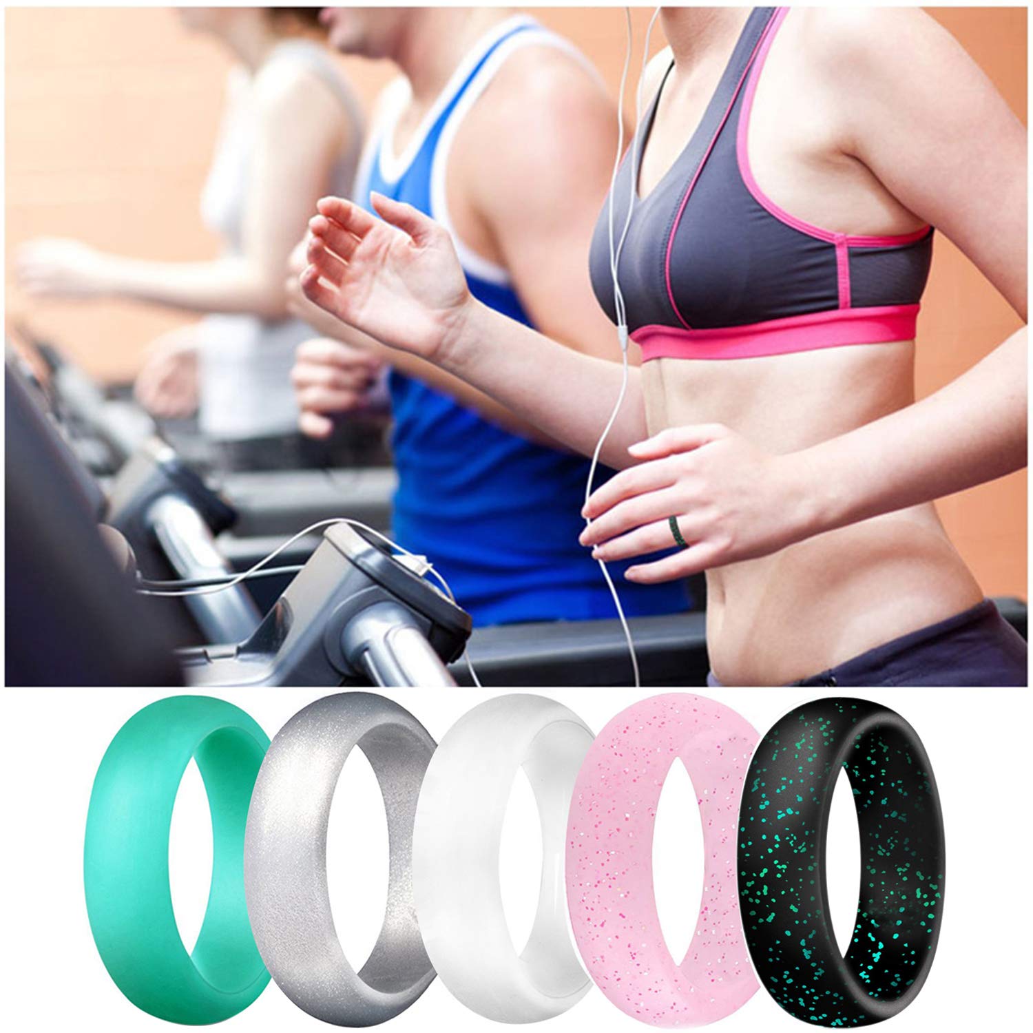 SkullParty Silicone Wedding Ring Bands for Women 10 Pack Size 8 Womens Thin Stackable & Flash Powder Rubber Wedding Band Rings 5.7mm & 3mm Wide - Pink Black Teal Metallic White Grey Mint Green