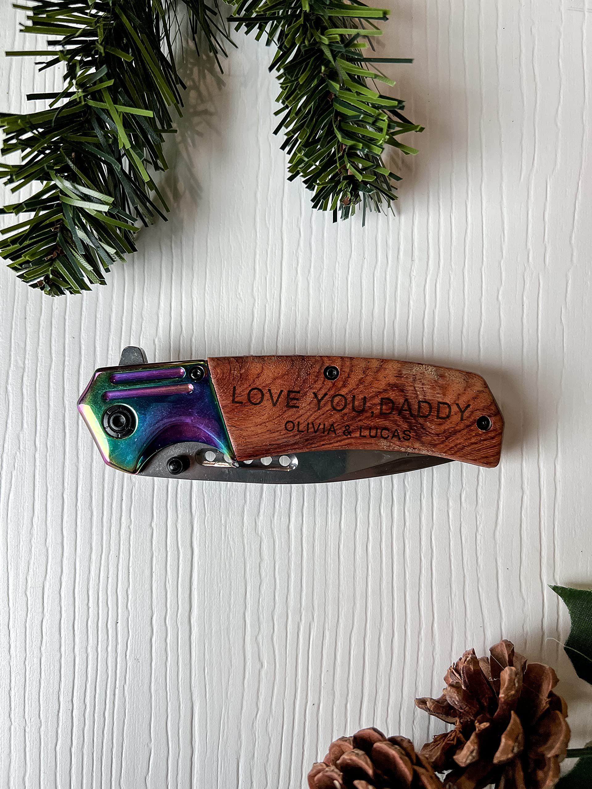 Personalized POCKET KNIFE Engraved Wood Folding Knive Stainless Steel l Standard Edge 5" Blade Wood Handle With Ultra-Secure & Comfortable Belt Clip Custom Gifts for Him Men Dad Boyfriend Father Husband Anniversary Groomsmen (Knife Engraved)