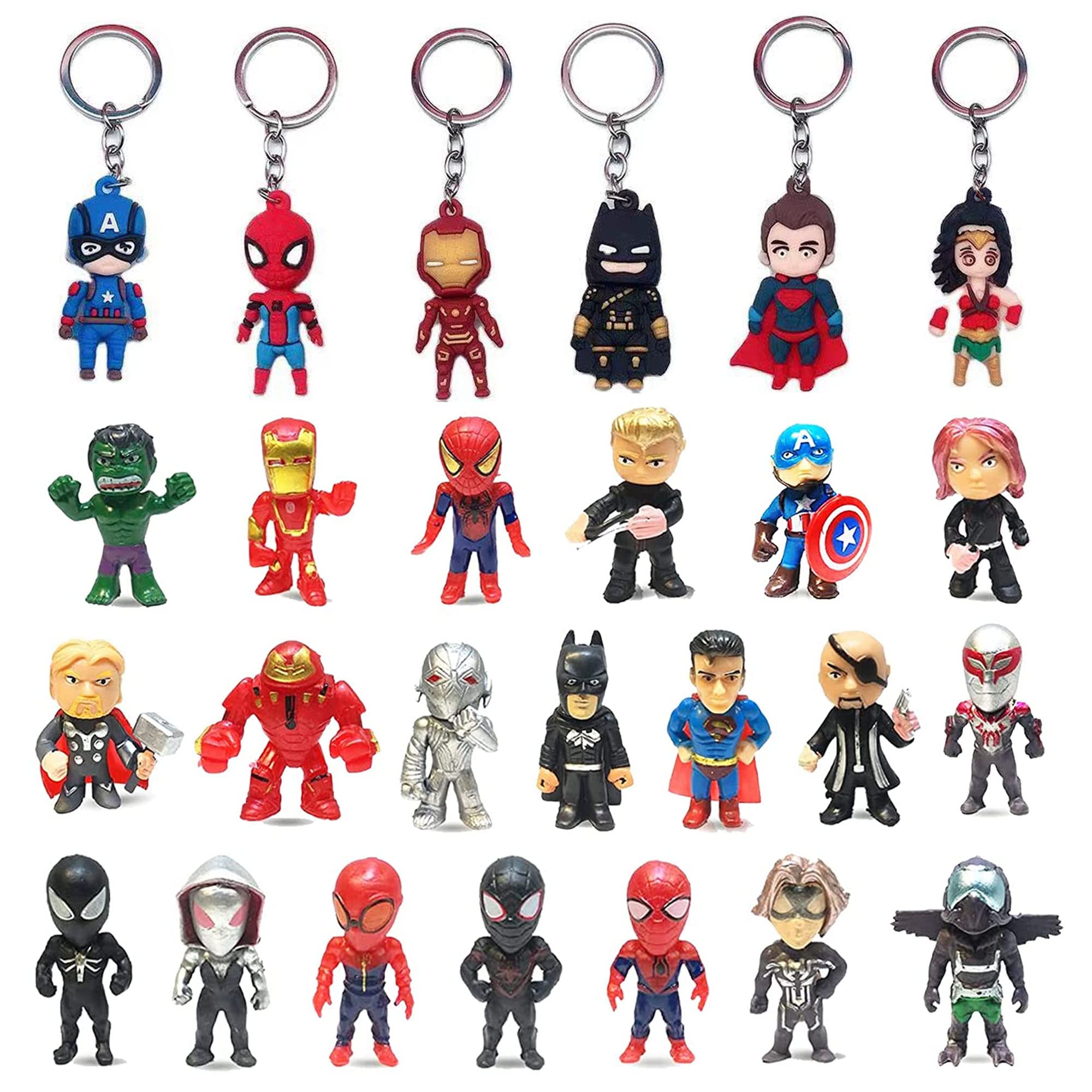 ZUAN Mini Superhero Action Figure Kids Keychains for Everyday Collections, Christmas Tree Ornaments,Birthday Party Easter Gifts Cupcake Decorating Set (A-26PCS)