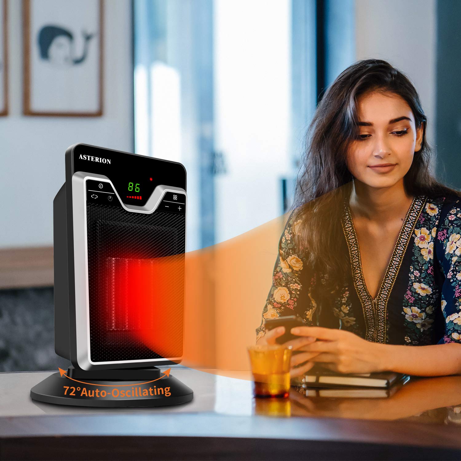 Space Heater for Indoor Use, ASTERION Portable Office Heater with Adjustable Thermostat, Ceramic Oscillating Heater with 24H Timer Remote Tip Over Overheating Protection for Home Bedroom, 1500W Black