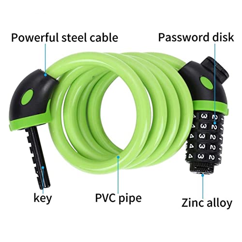 XFTD Bicycle Lock Bicycle Lock Electric Bike Five-bit Code Lock Mountain Bike Bar Wire Ring Lock Riding Equipment Bicycle Lock Convenient and Practical (Color : Green)