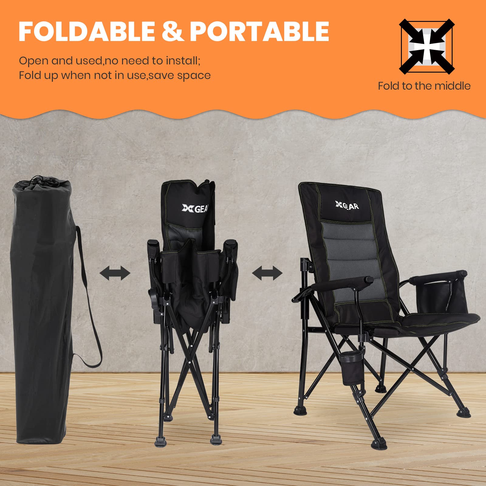 XGEAR Large Sized Hard Arm Adjustable Back Camping Chair Padding Chair (Black)