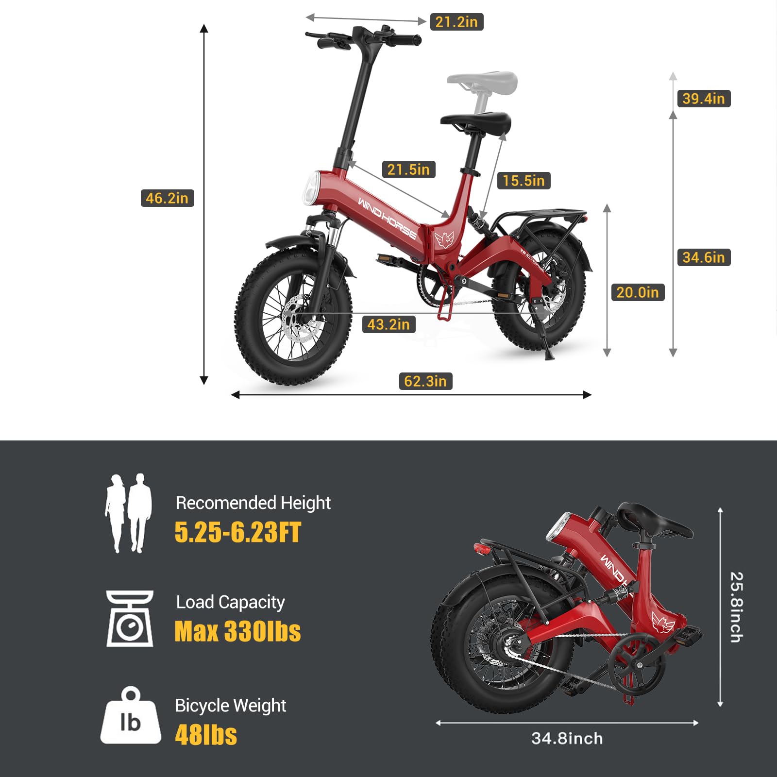 RIDWIND E-Bikes for Adults Electric, 16" Fat Tire Electric Bicycle, 20MPH Folding Ebikes with 36V Battery, APP Control, LED Display, IP67 Waterproof, Dumping Power Outage Snow Bicycle Electric