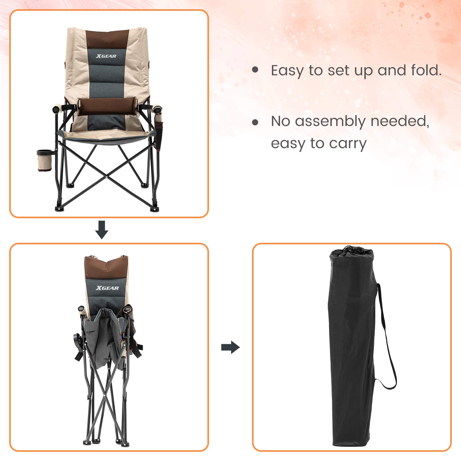 XGEAR Outdoor Lumbar Support Camping Chair Padded Lawn Chair Folding Chair
