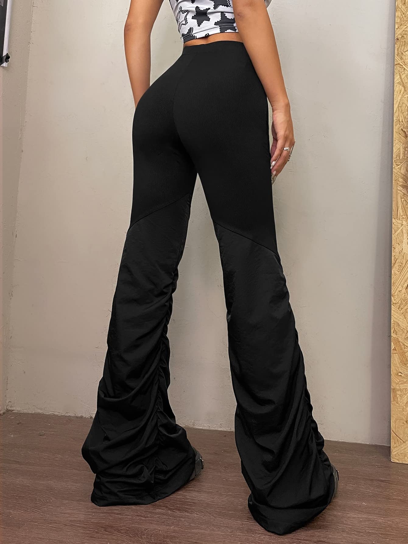 WDIRARA Women's Elastic High Waisted Ruched Flare Leg Bell Bottom Bootcut Yoga Pants Black S