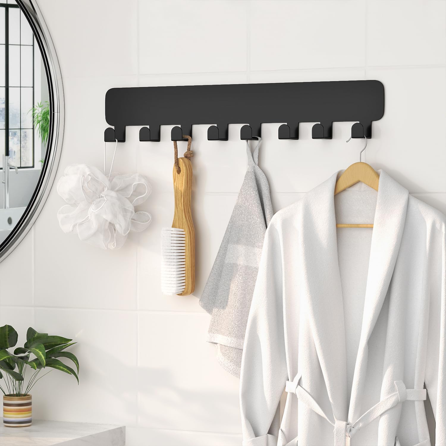 pickpiff 2 Pack Key Holder for Wall Adhesive, Key Hooks with 8 Hooks Wall Mounted, Black Key Hangers for Wall Decor No Drill for Living Room, Kitchen, Office